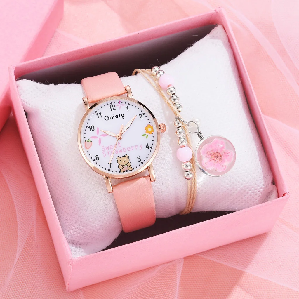 Gaiety Brand 2pcs Set Bracelet Watch Women Fashion Pink Cartoon Pattern ...