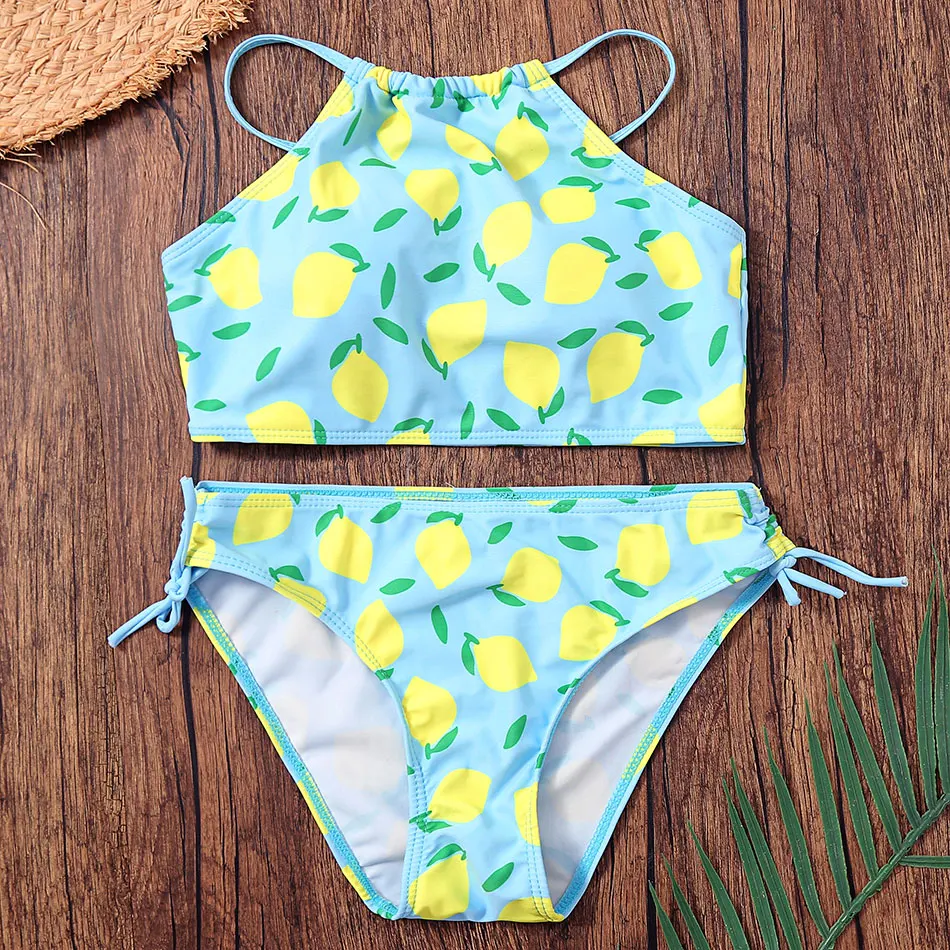 Lemon Print Girl Swimsuit Kids Halter Top Girl Bikini Set 7-14 Years ...