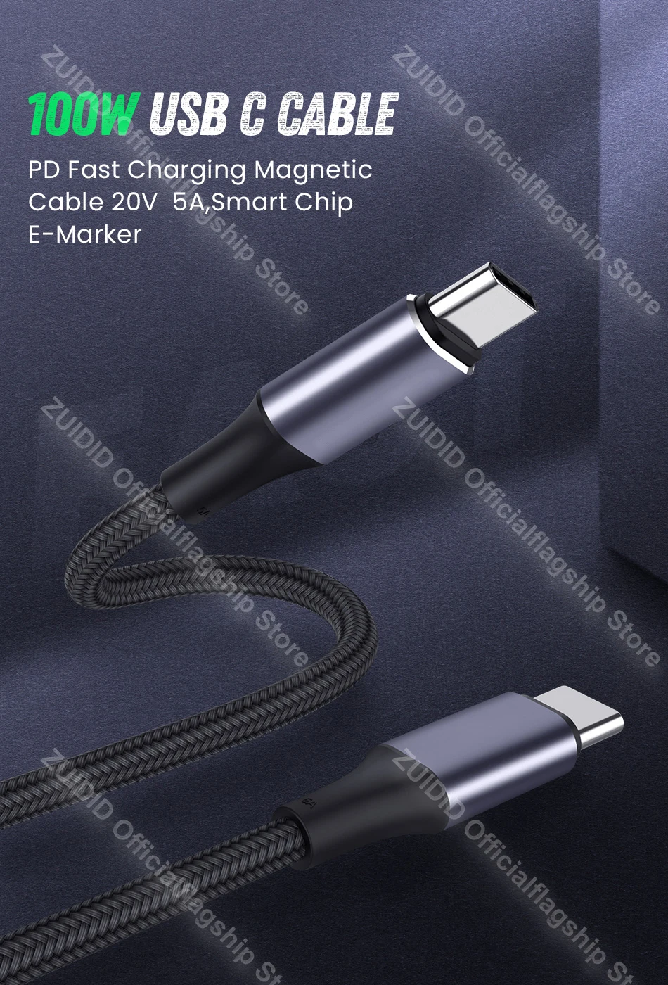 Coude 100W taille 1M Câble USB PD 100W 5A type-c Quick Charge 4.0 pour recharge rapide et ...