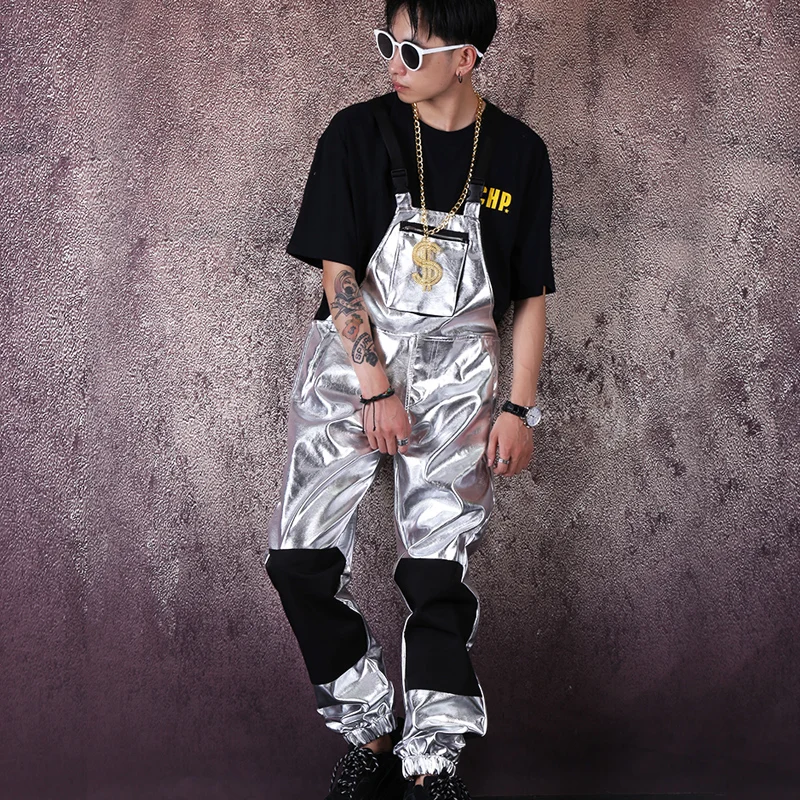 Men Streetwear Hip Hop Punk Silver Leather Overalls Jumpsuit Pant Male ...