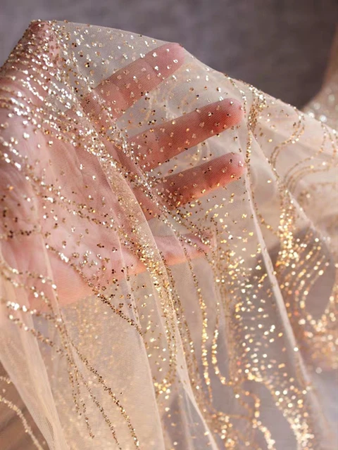 Sequined Mesh Tulle Fabric Golden Wave Ironing Diamond DIY Patchwork ...