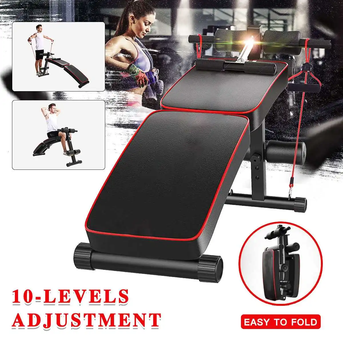 Folding Sit Up Bench with Elastic Band Abdominal Exercise Adjustable ...
