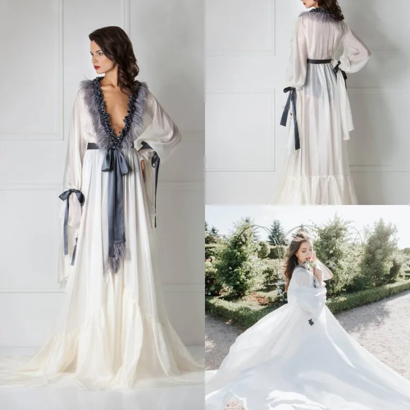 Custom Made Vintage Night Robe Long Sleeves Ruffle V Neck Feathers ...