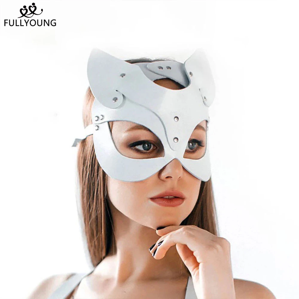Fullyoung Sexy Woman Pu Leather Cat Mask Festival Rave Cat Head White ...