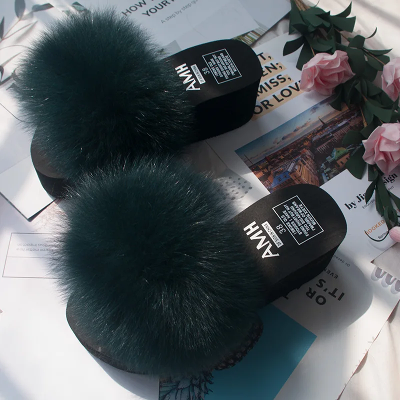 Chausson,Pantoufles à semelles compensées pour femmes, en fourrure de ...