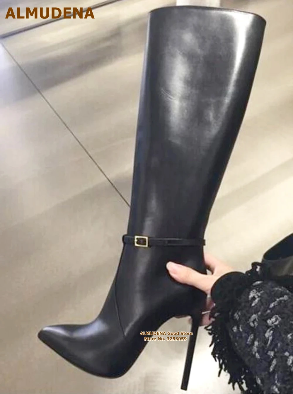 ALMUDENA Schwarz Matte Leder Ankel Schnalle Knie Stiefel Stiletto Heels ...