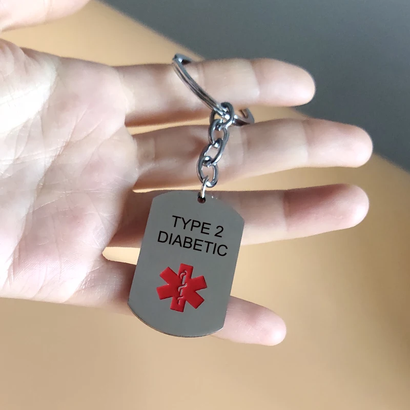 Stainless-Steel-Red-Medical-Alert-Key-Chain-Engraved-Diabetic-Alzheimer ...