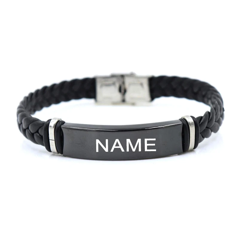 Custom Logo Name Engrave Leather Bracelet Black Color Customize ...