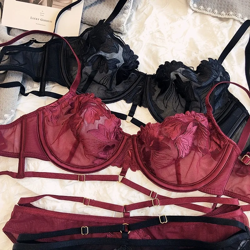 French Ultra-thin Cup Bra Set Sexy Lace Flowers Embroidery Underwear ...