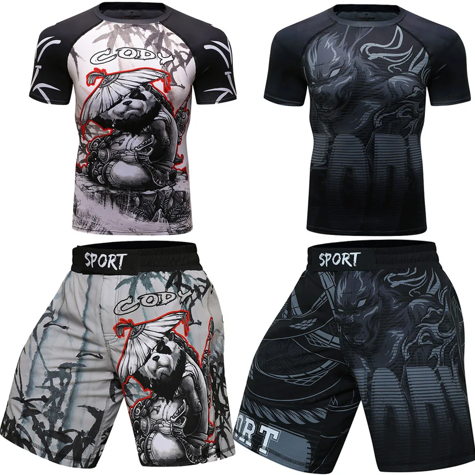 MMA BJJ GI Rashguard T Shirts+Muay Thai Shorts Rash Guard Clothing ...
