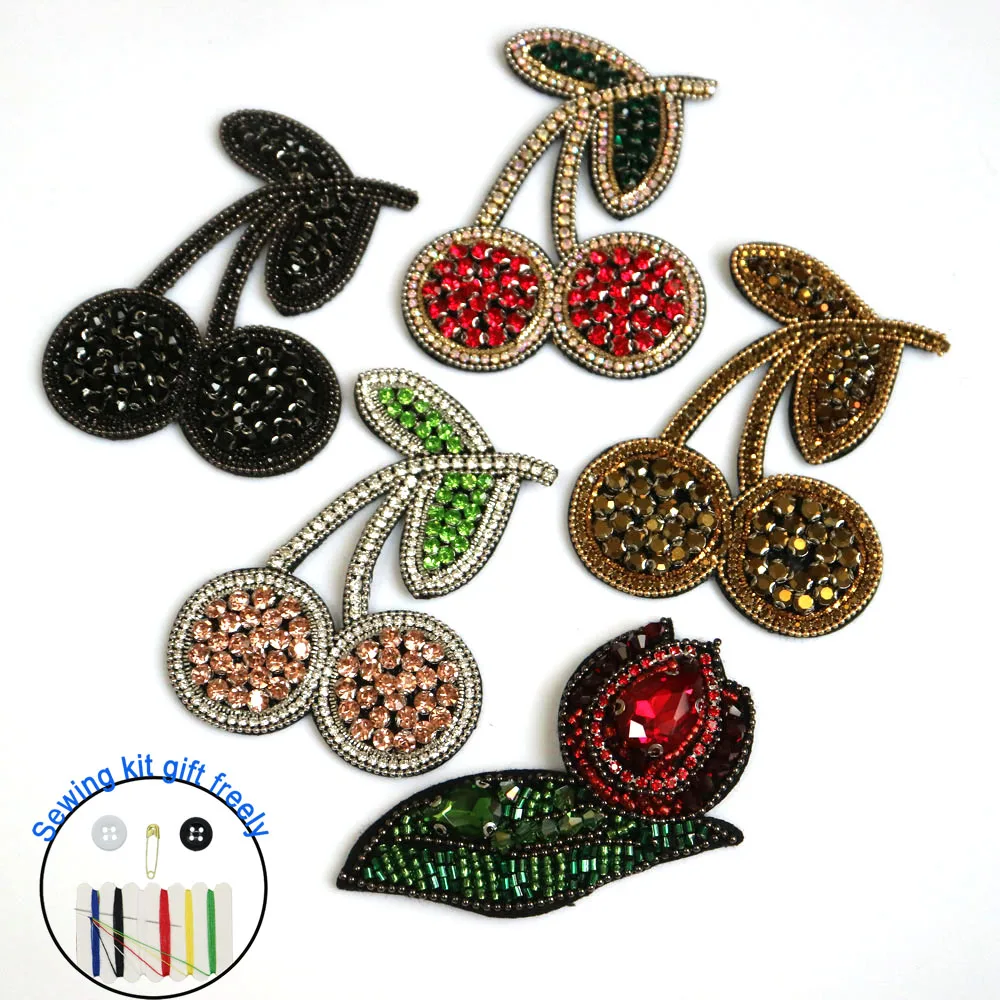Fashion Cherry Flower Rhinestone Beaded Patches For Clothes Sew On ...