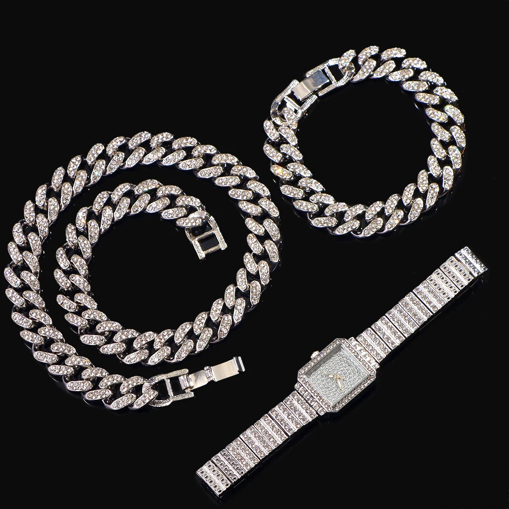 3pcs/set Rapper Cuban Necklace +watch+bracelet Iced Out Hip Hop Miami ...