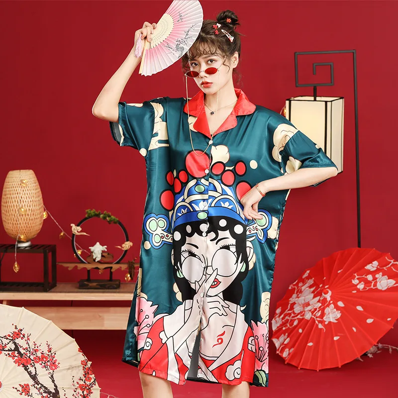 Autumn Summer Pajamas For Women Ice Silk Chinese Style Print Pyjama ...