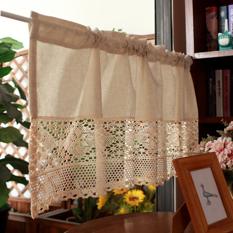 Handmade Cotton Linen Kitchen Short Curtains Crochet Lace Hollow Tassel ...