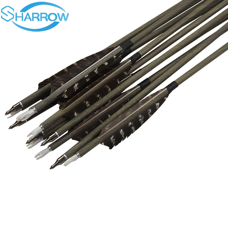 6/12pcs Archery Wood Grain Carbon Arrows Removable Broadheads 31Inch ...