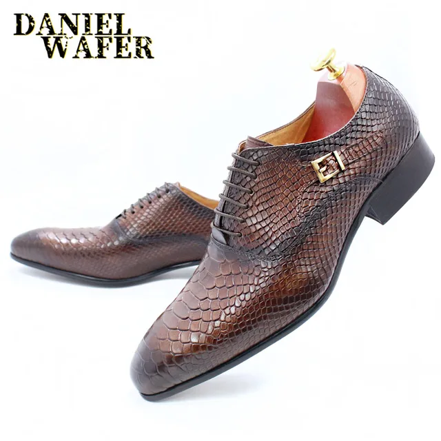 Fashion Men Dress Leather Shoes Snake Skin Prints Classic Style Wine ...