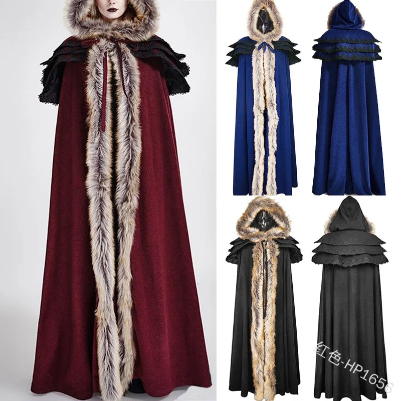 Medieval Vintage Winter Faux Fur Long Hooded Cloak For Women Warm Snow ...