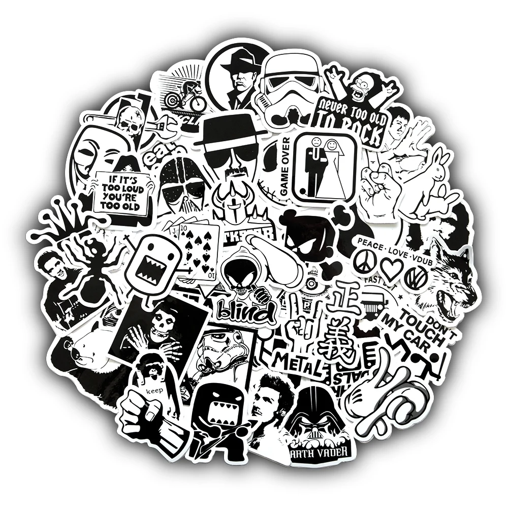 50 Pcs Black And White Stickers Pack For Kids Laptop Skateboard Bicycle ...