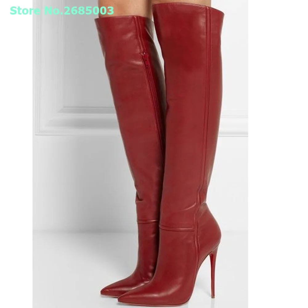 Pure-Red-Leather-Boots-Pointy-Toe-Solid-Long-Shoes-Stiletto-Heels-Over ...