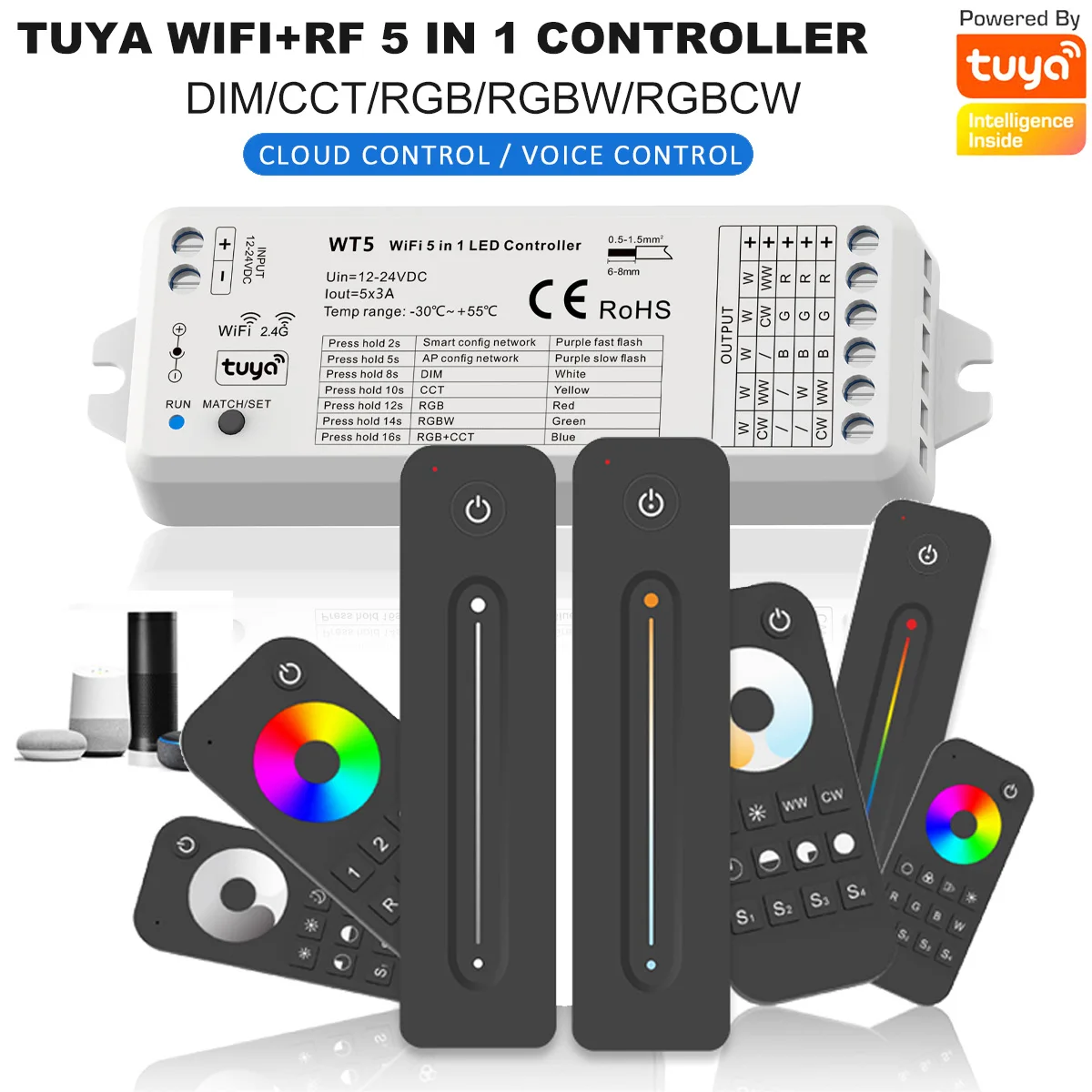 Контроллер WT5 Tuya светодиодный с Wi-Fi, 5 в 1 диммер, 12 В, 24 В, RGB, RGBW, RGBCCT, RF, 4 ...