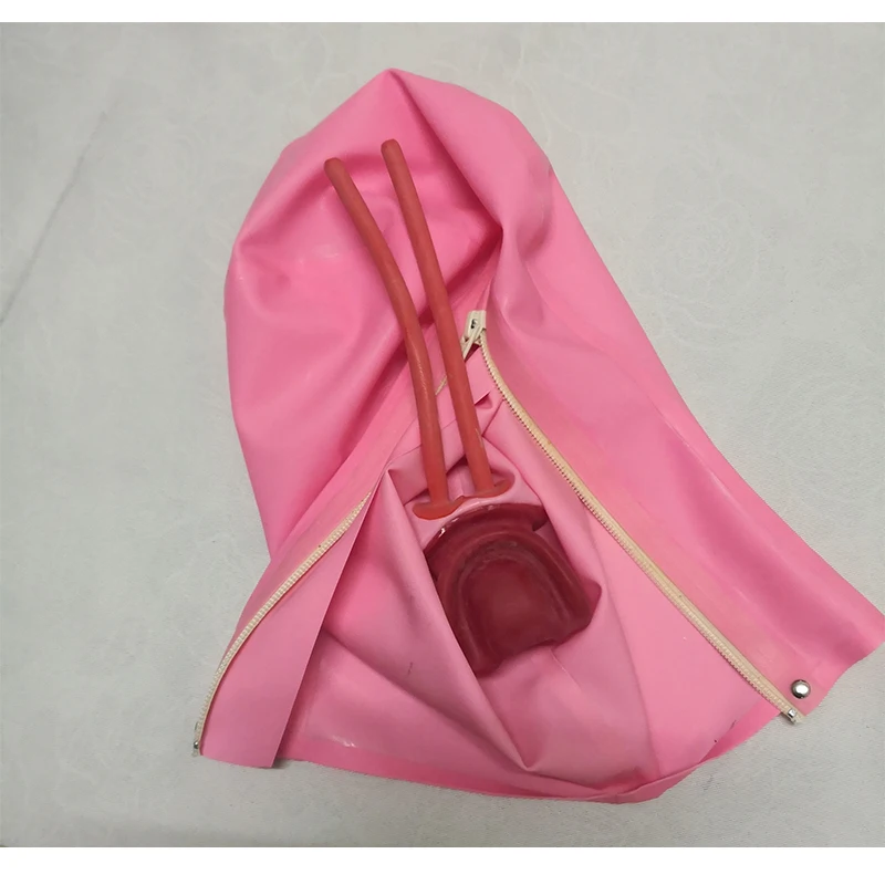 Pink Latex Hood Rubber Mask With Long Nose Tube Red Teeth Gag Back ...