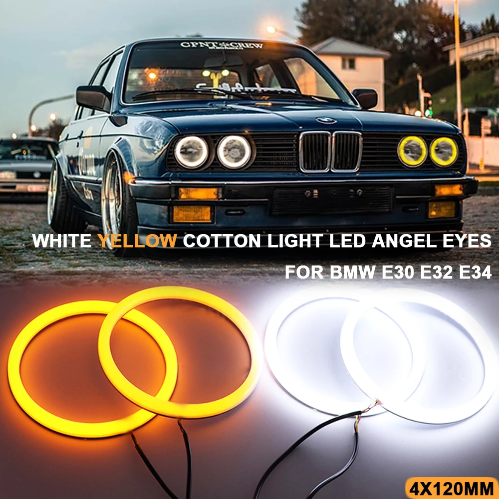 For-BMW-E30-E32-E34-White-Yellow-Dual-Color-Cotton-Light-LED-Angel-Eyes ...