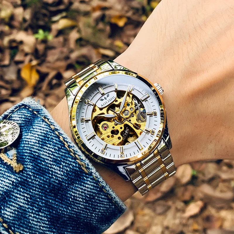 AOLISHI Skeleton Hohl Männliche Uhr Automatische Mechanische Herren Uhr ...