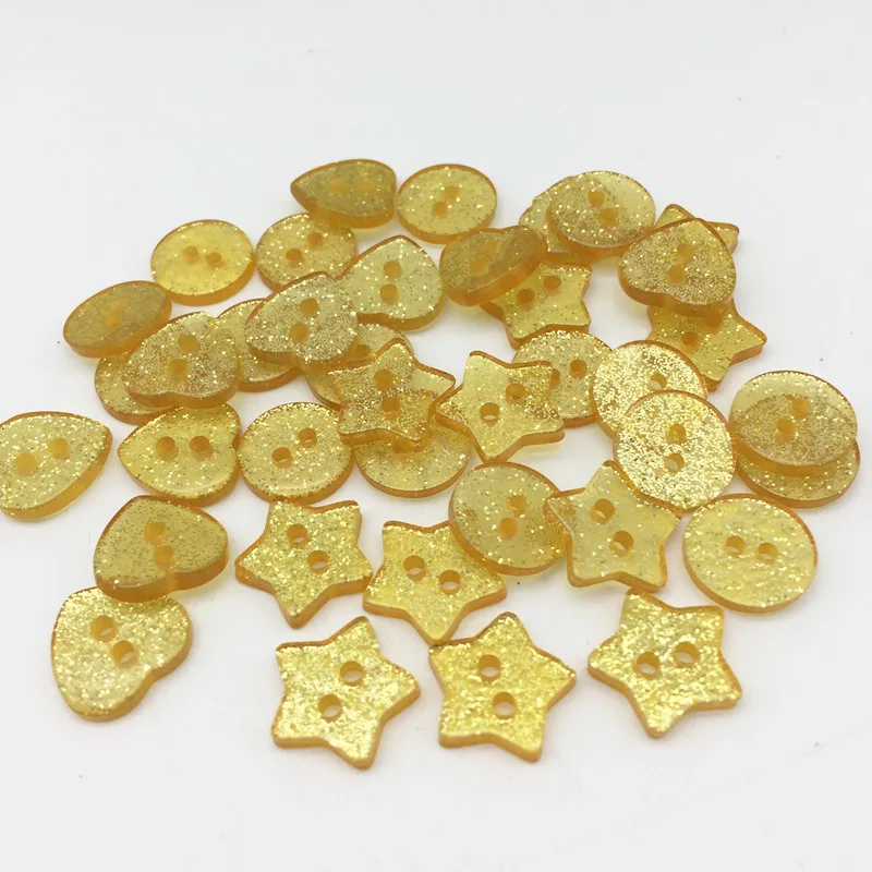 50pcs Gold Yellow Glitter Heart Star Round Buttons 2 Holes Sewing DIY ...