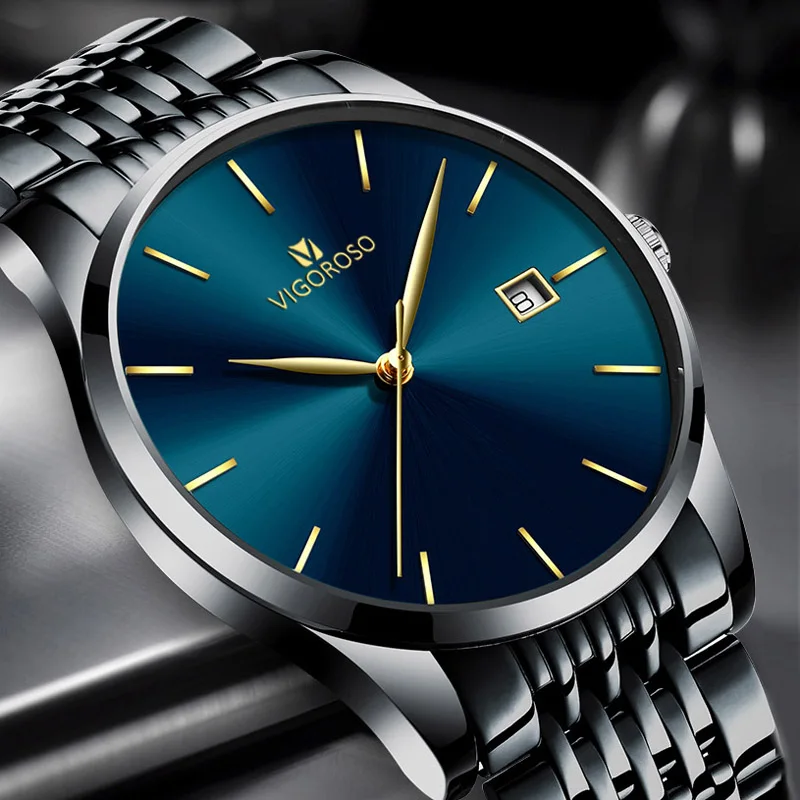 VIGOROSO 브랜드 패션 남성 시계 3ATM 방수 스테인레스 스틸 쿼츠 남자 날짜 달력 비즈니스 손목 시계|수정 시계 ...