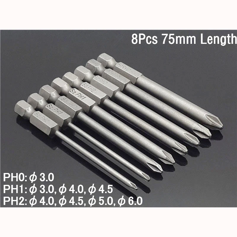 8Pcs 75mm Long Magnetic Hex Cross Head Screwdriver Bits Electric ...