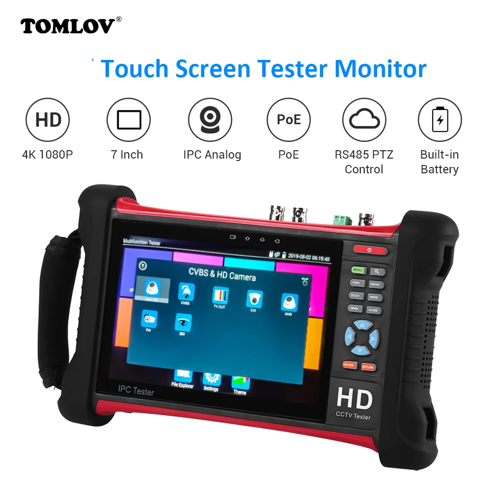 TOMLOV 7" 4K 1080P IPC Camera CCTV Tester Monitor TVI CVI AHD SDI CVBS ...