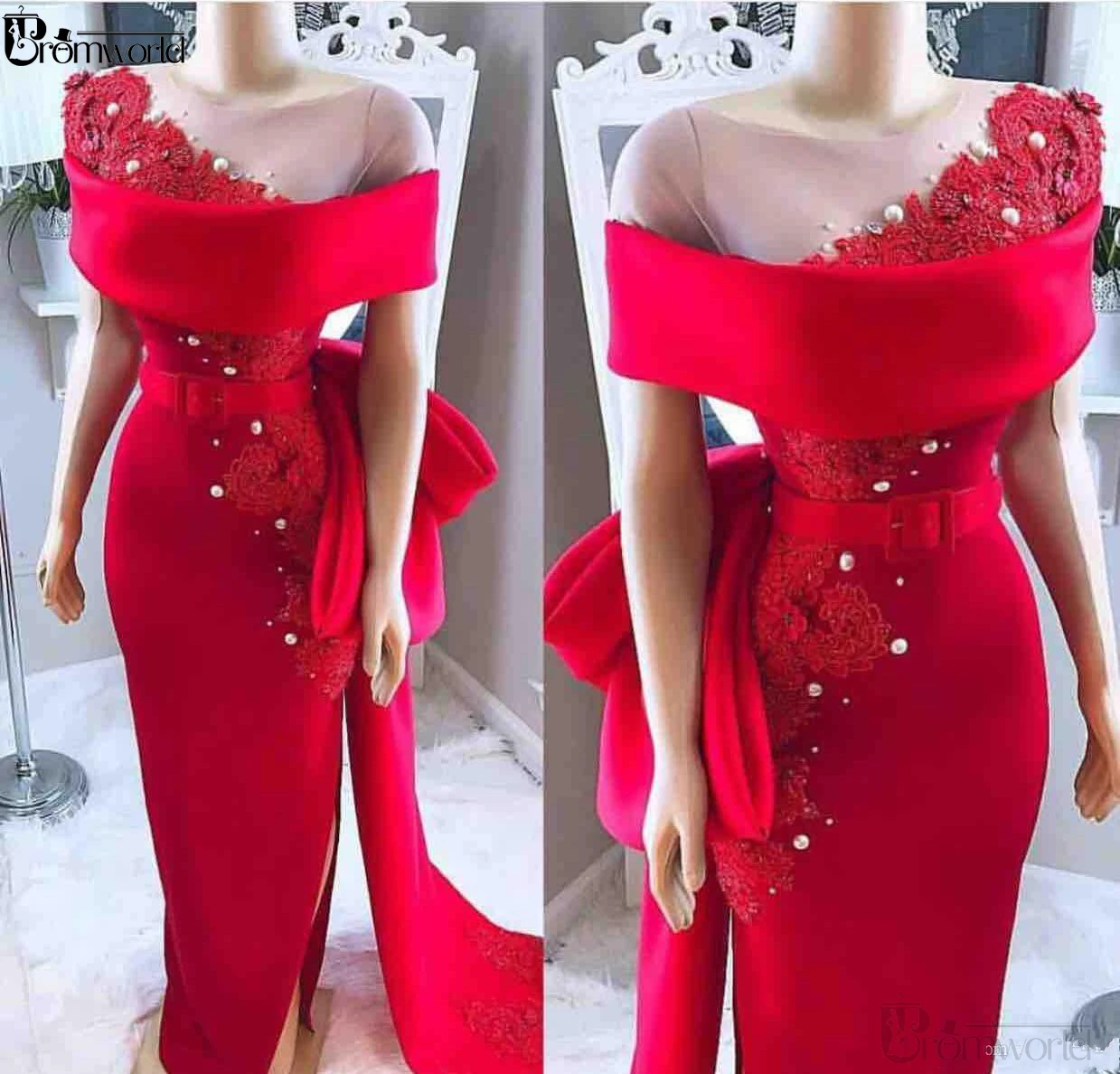 2021 Elegant Red Plus Size Evening Dresses Sheath Lace Appliques Formal ...