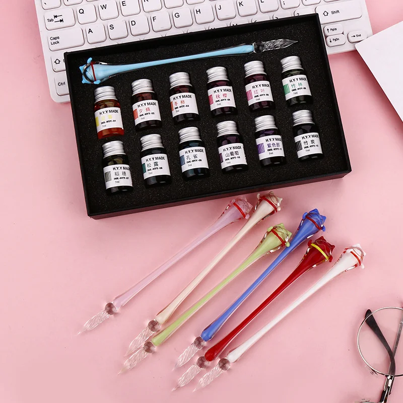 Glass-Dip-Pen-And-Blue-Set-Color-Ink-Dip-Pencil-Gift-Sets-Student ...