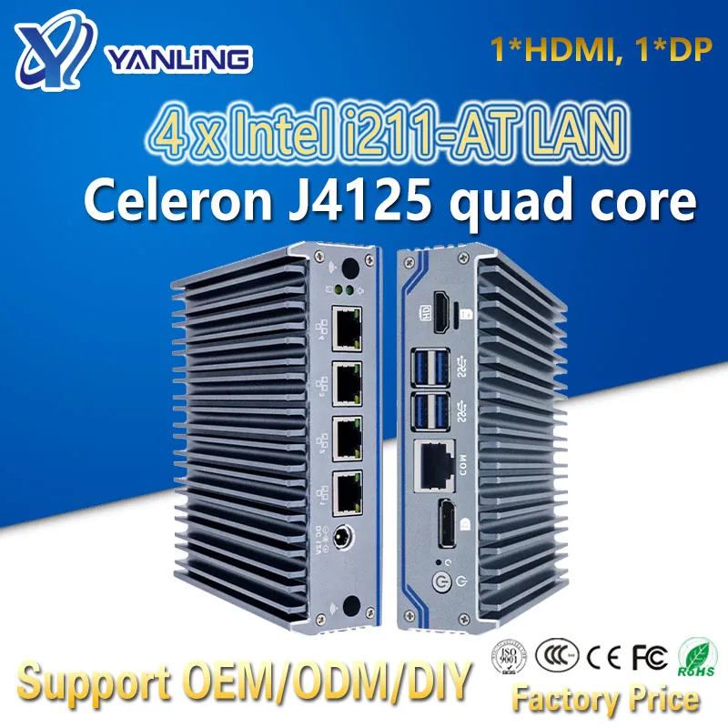 Yanling J4125 Quad Core Micro Firewall Appliance 4 Intel Gigabit Mini PC Router DP HD SIM Slot ...