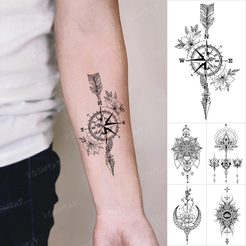 Transfer Temporary Tattoo Sticker Washable Arrow Compass Lotus Hand ...