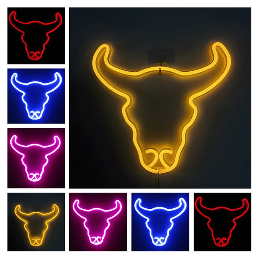 Bull Head LED Neon Light Sign Lamp Bulbs Animal Face Shape Wall Night ...
