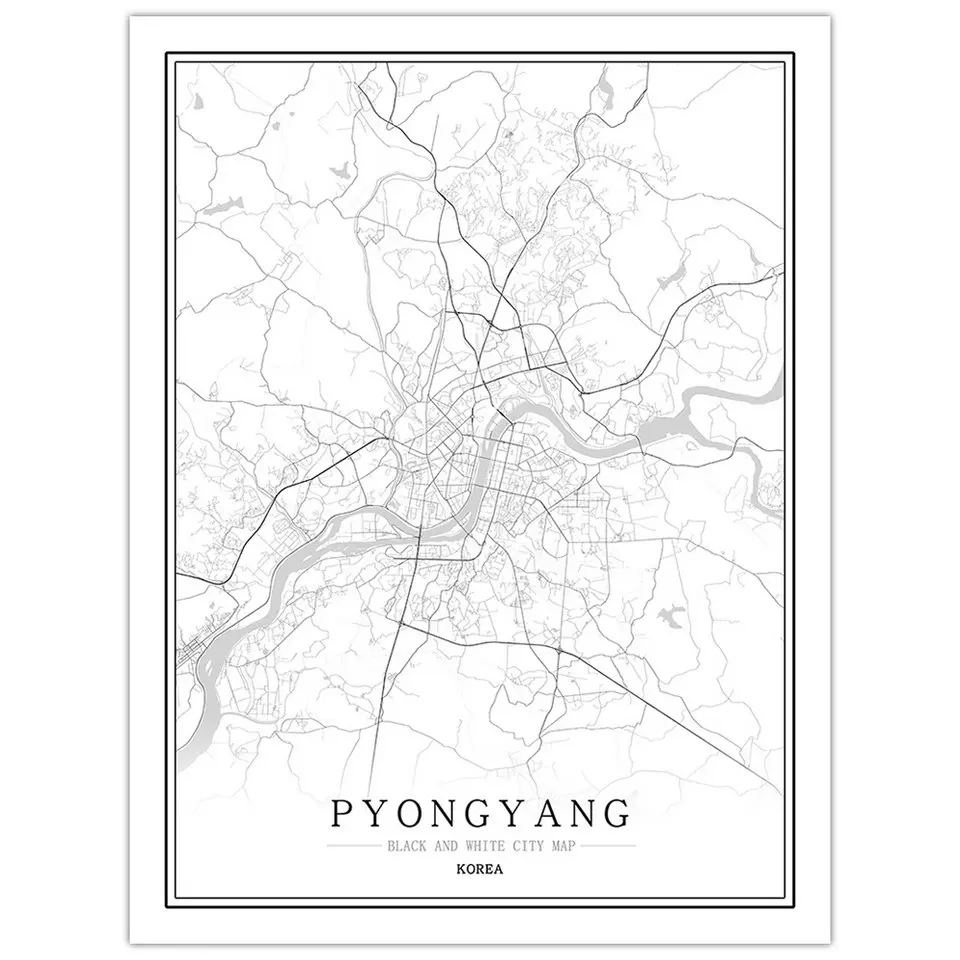 Kore-siyah-ve-beyaz-ehir-haritas-Poster-Nordic-oturma-odas-Pyongyang ...