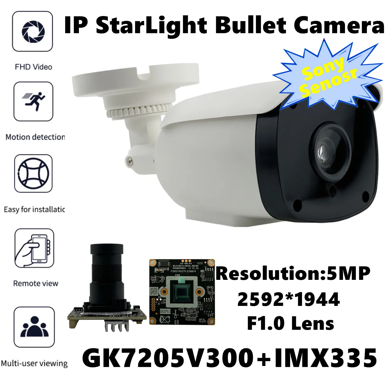 Low Illumination Sony Imx335+gk7205v300 Starlight F1.0 Lens Ip Bullet Camera 5mp 2592*1944 H.265 ...