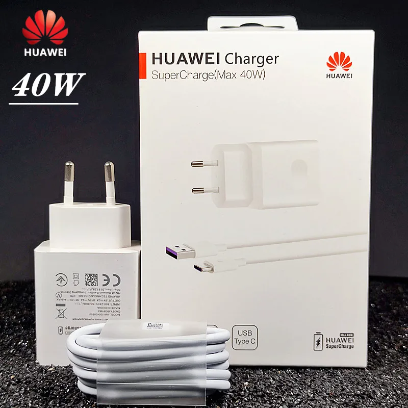 Cargador de 40W para Huawei EU, cable tipo C de supercarga 5A para Huawei P40, P30 Pro, MATE 20 ...