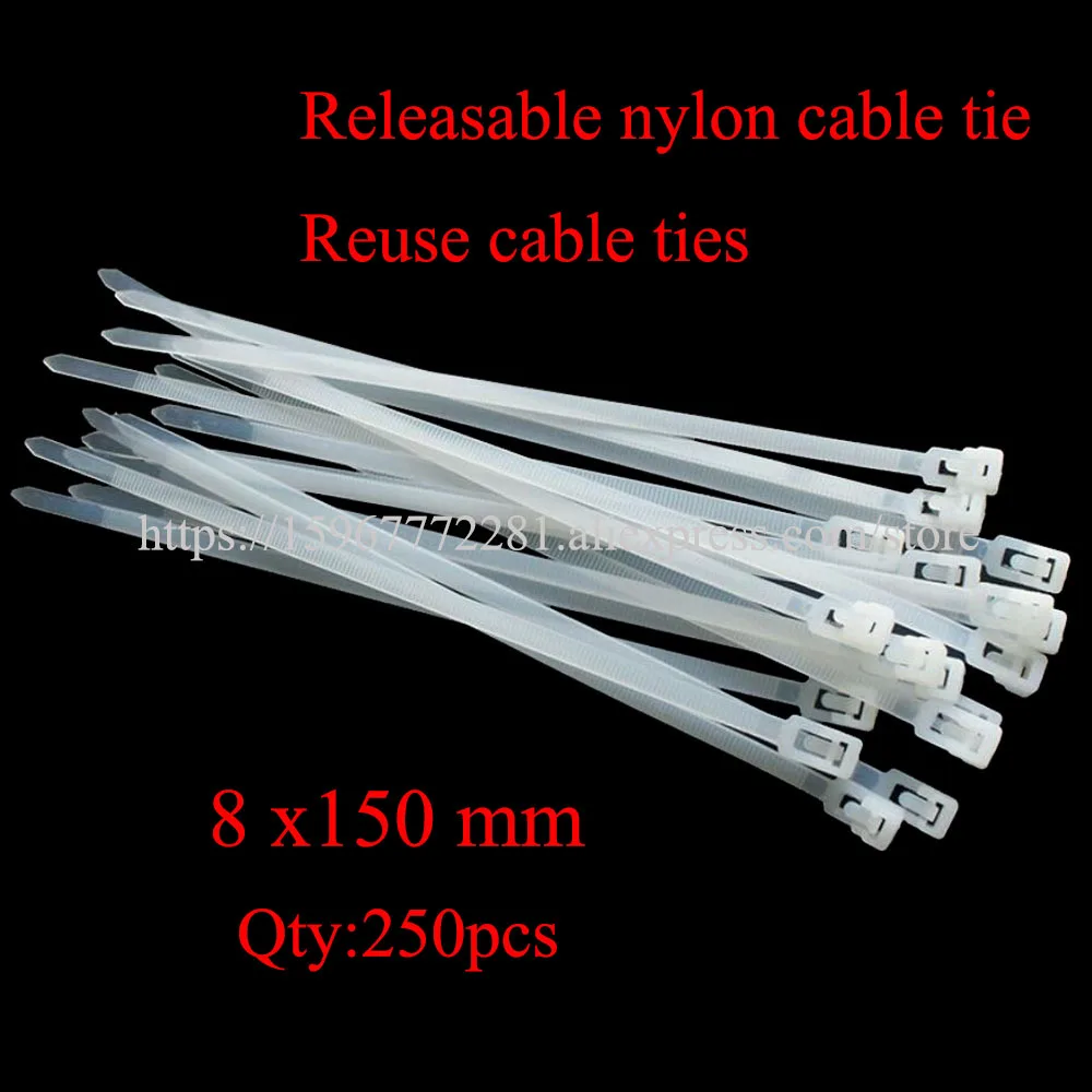 250PCS 8x150mm Releasable nylon cable tie for repeated use Zip Tie Loop ...