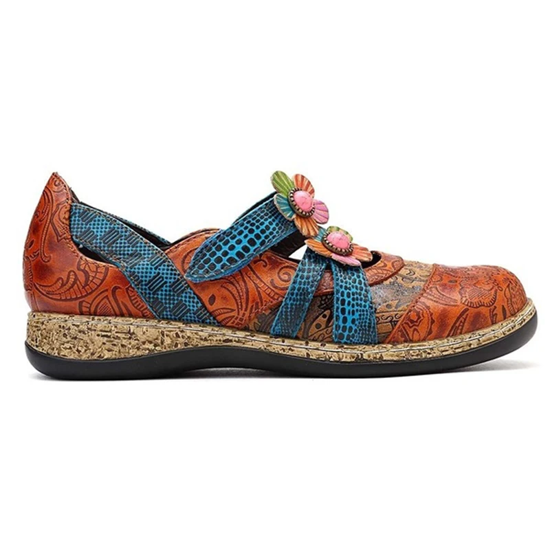 Women's Retro Floral Leather Mosaic Color Casual Flat Shoes