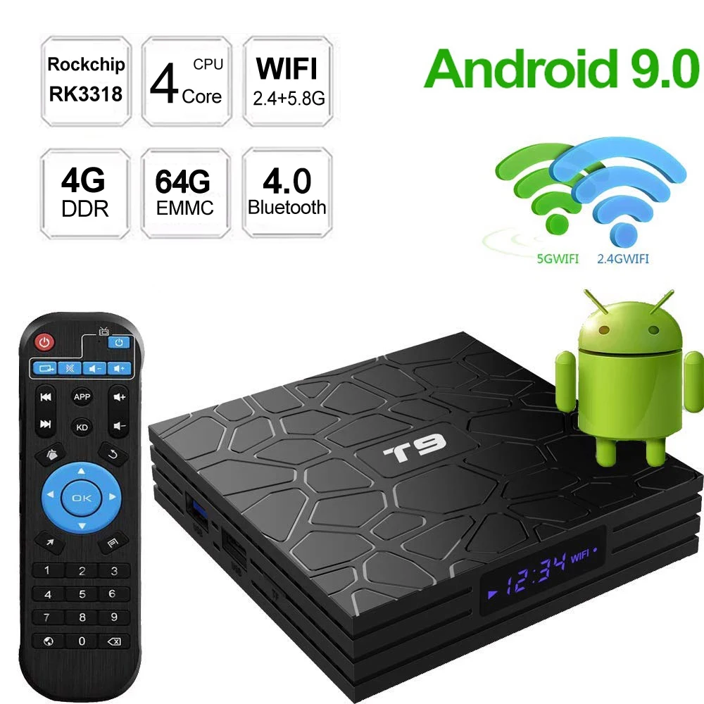 T9 Android 9,0 TV BOX RK3318 Quad Core 4GB RAM 64GB ROM 2,4G/5G WIFI ...