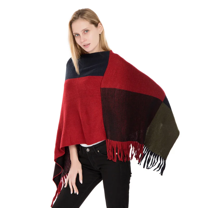 Winter Poncho For Woman Classic Plaid Knit Shawl Cloak Fashion Tassel ...
