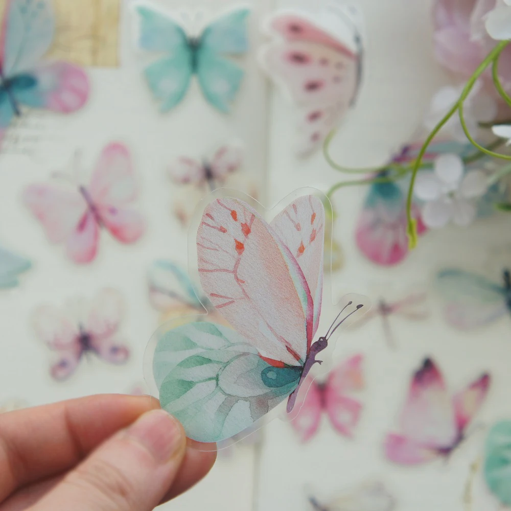 38pcs MIX Size Watercolor Pink Green Blue Butterfly Style PVC Sticker ...