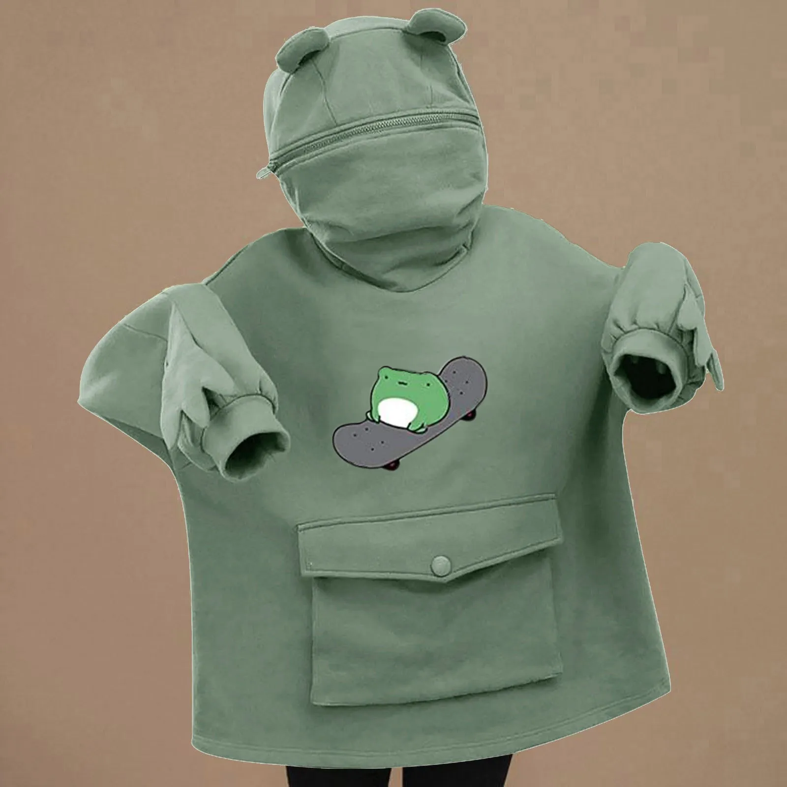 Womens Frog Prints Hoodies Zipper Mouth Hooded Sweatshirt With Large ...