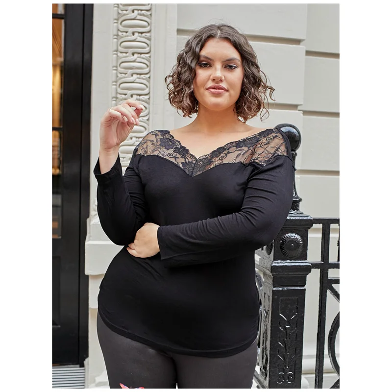 Plus-Size-Sexy-V-neck-Spring-Autumn-Blouse-Women-Long-Sleeve-Black ...