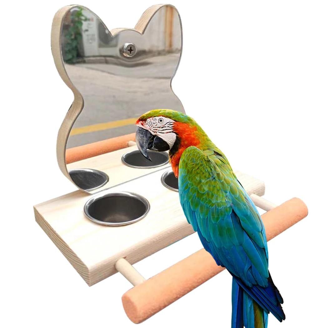Parrot Mirror Toy With Wooden Stainless Steel Feeding Cups Bird Wooden ...