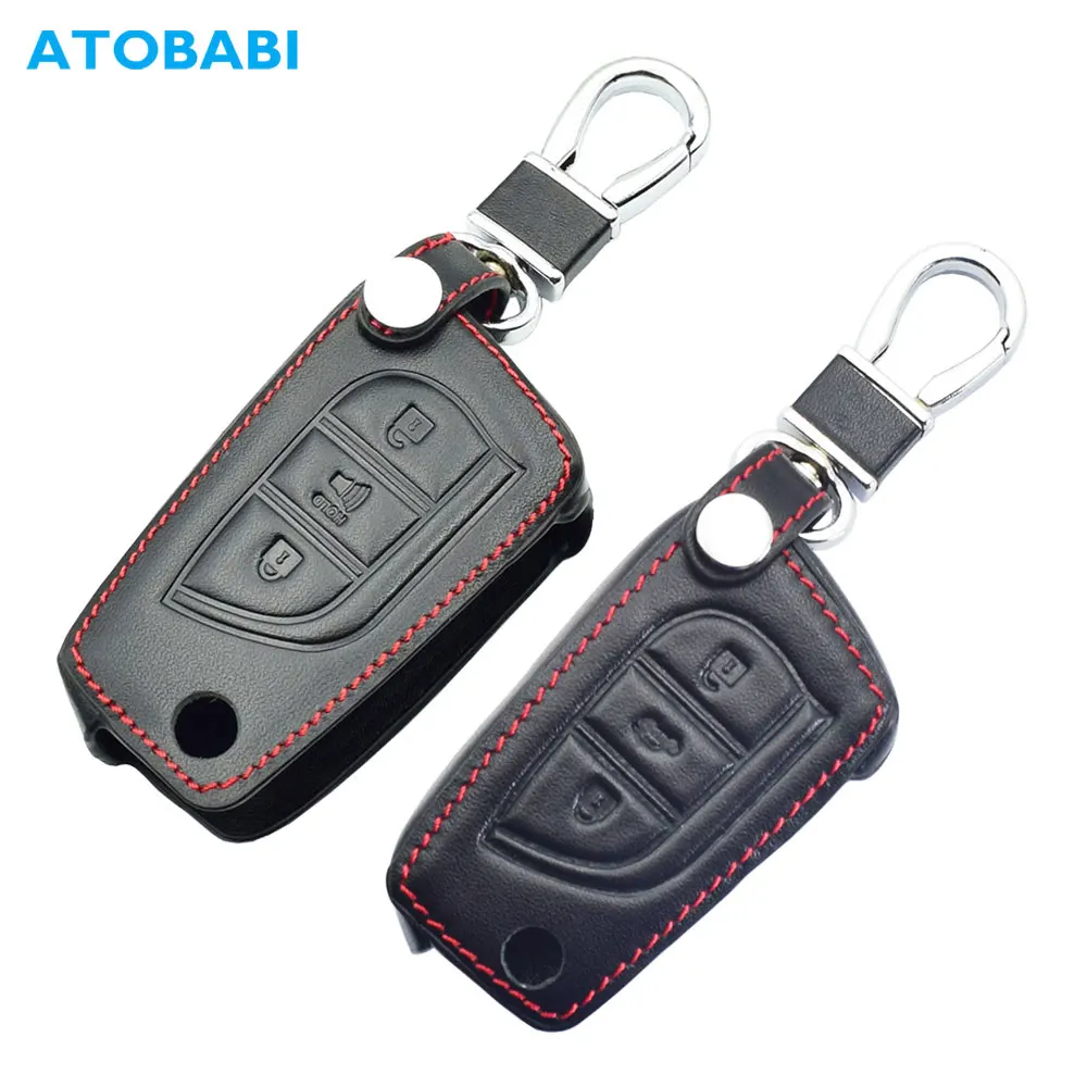 3 Buttons Leather Car Key Case Flip Keychain Bag Remote Fobs Cover For ...