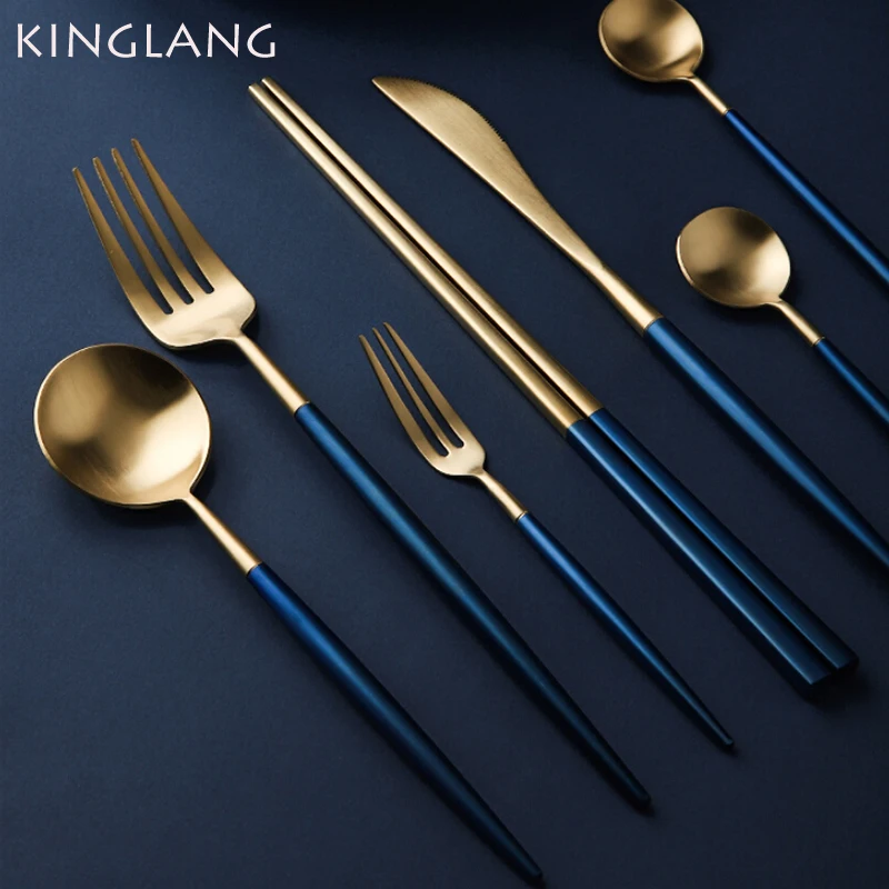 1pcs Blue Gold Fork Spoon High Quality 304 Stainless Steel Dinner Spoon ...
