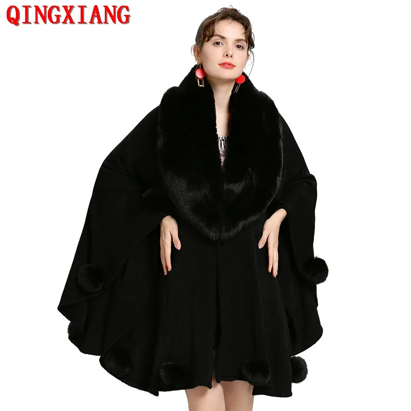 Womens-Big-Pendulum-Capes-Poncho-Winter-Fur-Ball-Shawl-Oversized ...
